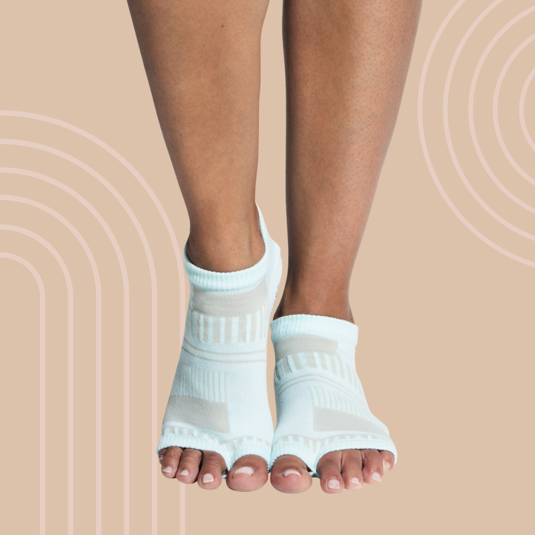 Tucketts Flow Calm Blue Pilates Socks - Non-Slip Grip, Open Toe, Barre